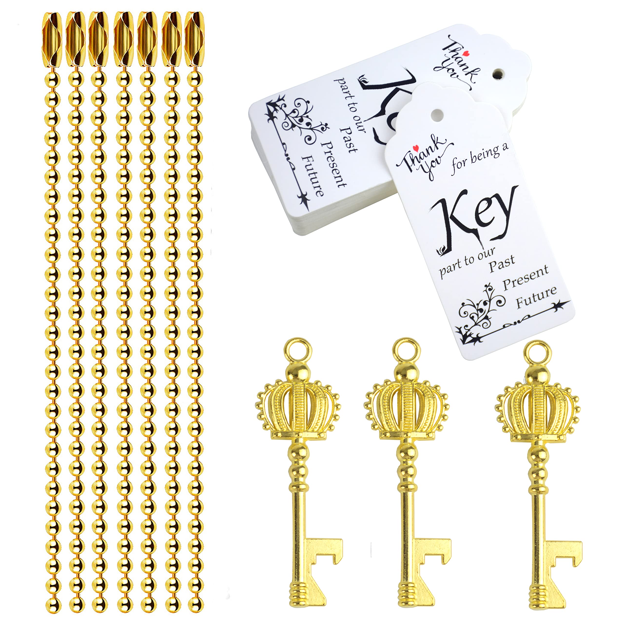 Aokbean 52 pcs Crown Key Bottle Opener with Tag and Keychain,Vintage Skeleton Key Bottle Opener for Wedding Party Favors (Gold)