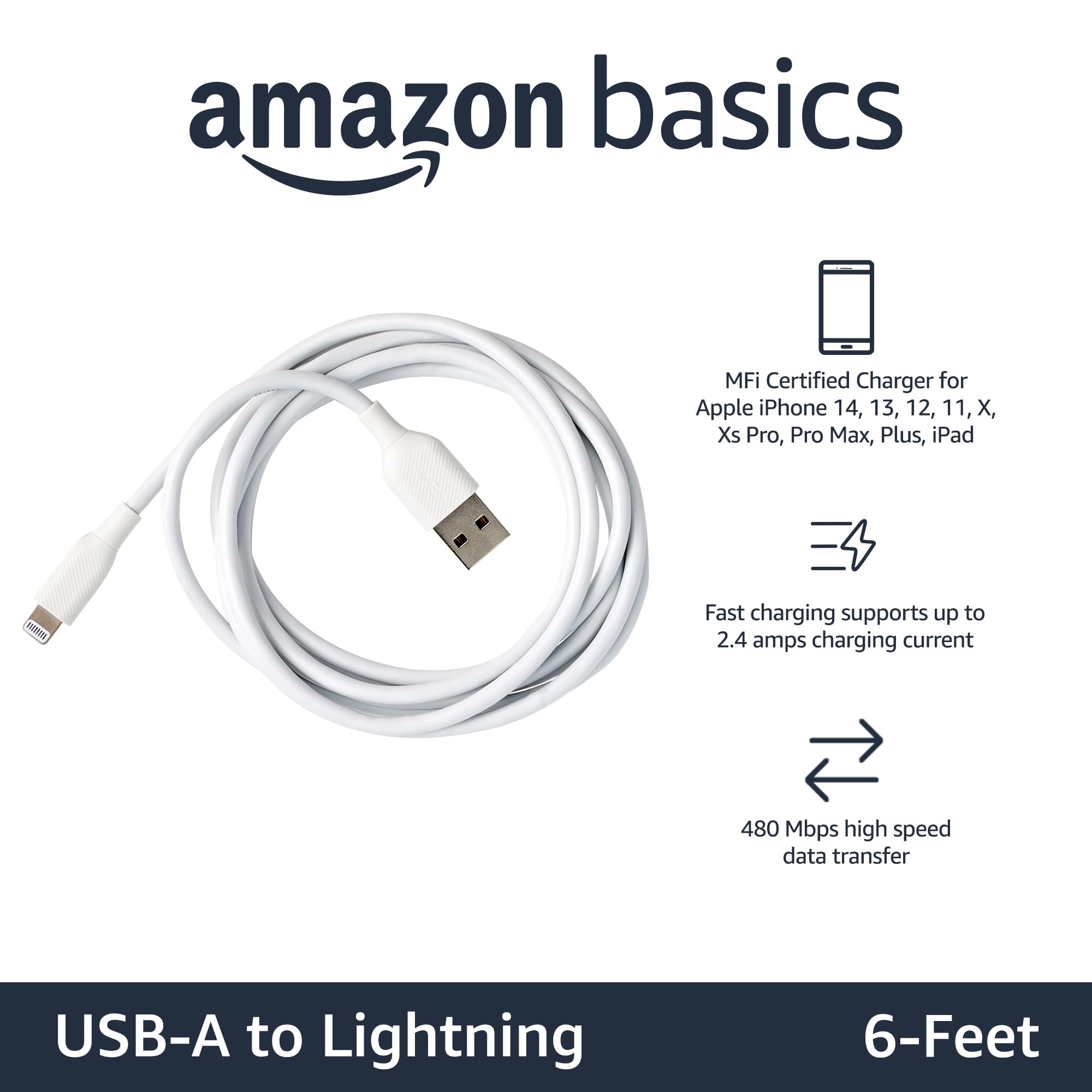 Amazon Basics 2-Pack USB-A to Lightning ABS Charger Cable, MFi Certified Charger for Apple iPhone 14 13 12 11 X Xs Pro, Pro Max, Plus, iPad, 6 Foot, White
