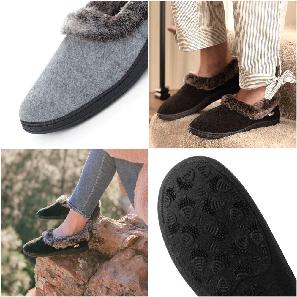 Acorn Womens Faux Chinchilla Collar Slipper, Navy Blue, 43957