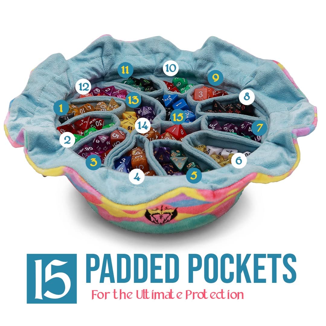 CardKingPro Immense - OCD Edition - Dice Bags with 15 Pockets - Rainbow & Blue - Capacity 200+ Dice - Great for Dice Hoarders [Patented Design]