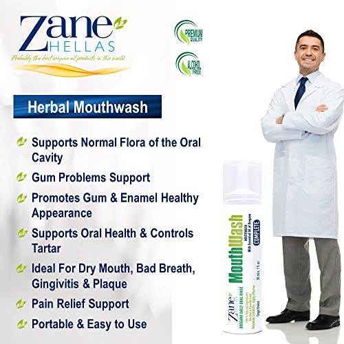Zane Hellas MouthWash. Oral Rinse with Oregano Oil Power. Ideal for Gingivitis, Plaque, Dry Mouth, and Bad Breath. Alcohol and Fluoride Free. 100% Herbal Solution. 2 fl.oz.-60ml.