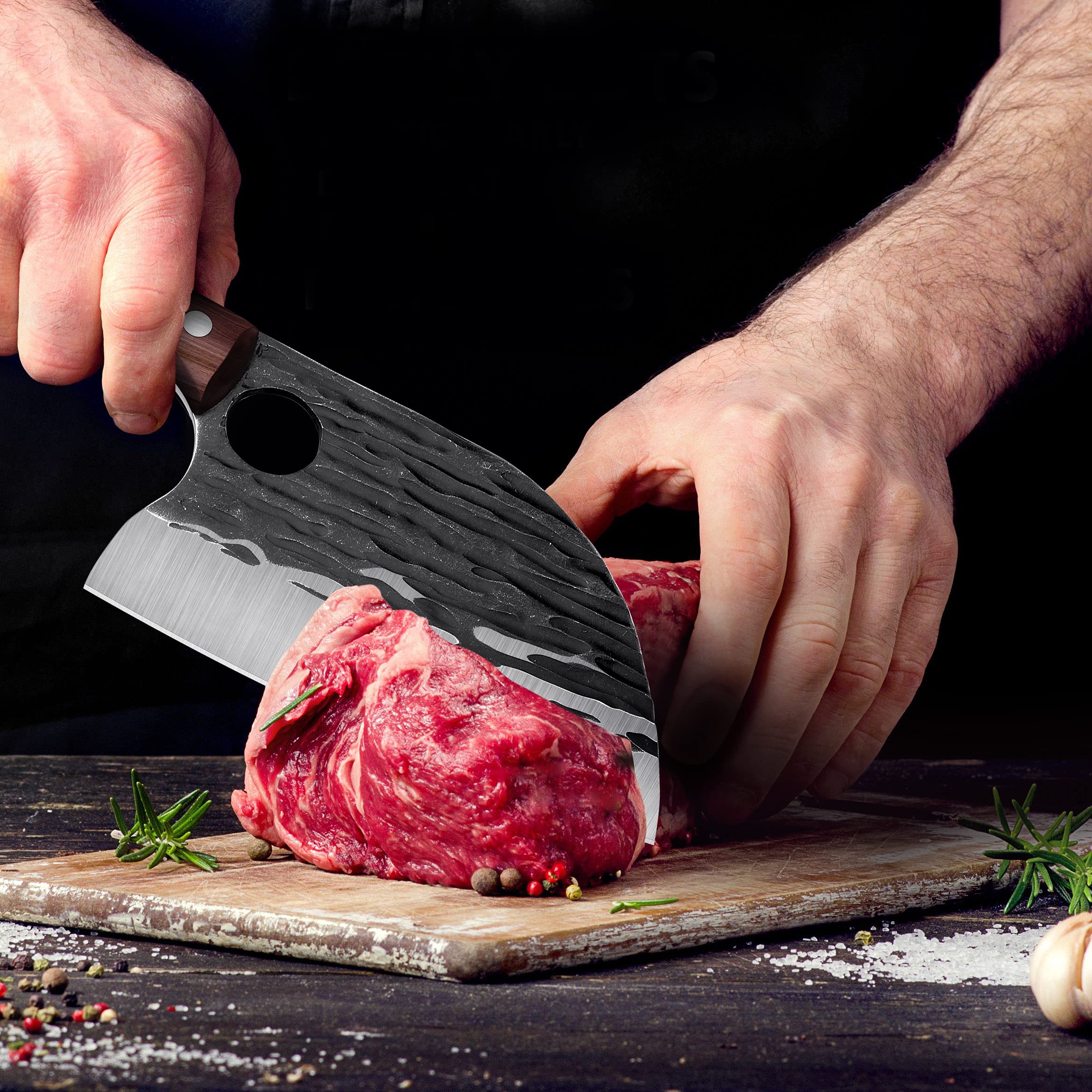 ROCOCO 3PCS Butcher Cleaver Knife Set for Meat Cutting Serbian Chef Knife Viking Boning Cleaver with Sheaths for Kitchen Outdoor BBQ Camping Birthday Father Mother Christmas Gift Idea Men