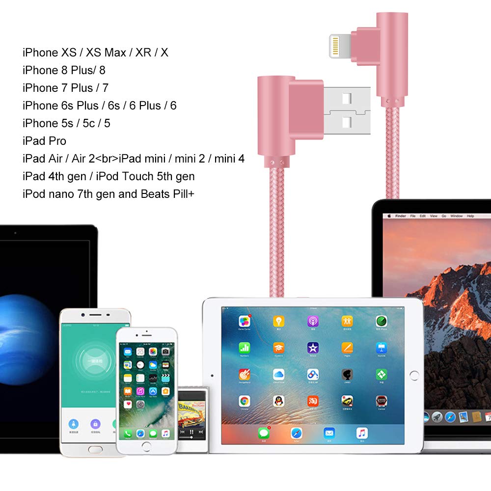 Quickeep Lightning Cable 10ft 90 Degree iPhone Charger 3 Pack Right Angle iPhone Charging Cable Nylon Braided Fast Charge Cord Compatible with iPhone 14/13/12/11/ XS/XR/X/8/7/6 (Rose Gold)