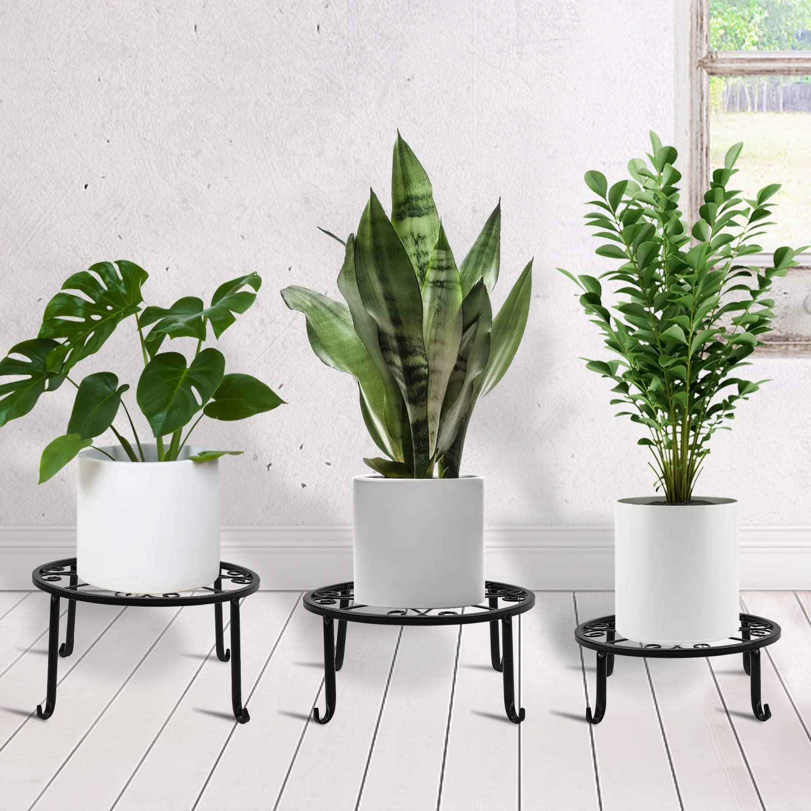 AISHN Metal Plant Stand 5 in 1 Potted Irons Planter Holder Black,Metal Rustproof Iron Garden Container Round Supports Rack for Planter,Flowerpot Holder Display Rack for Home & Garden Decorate