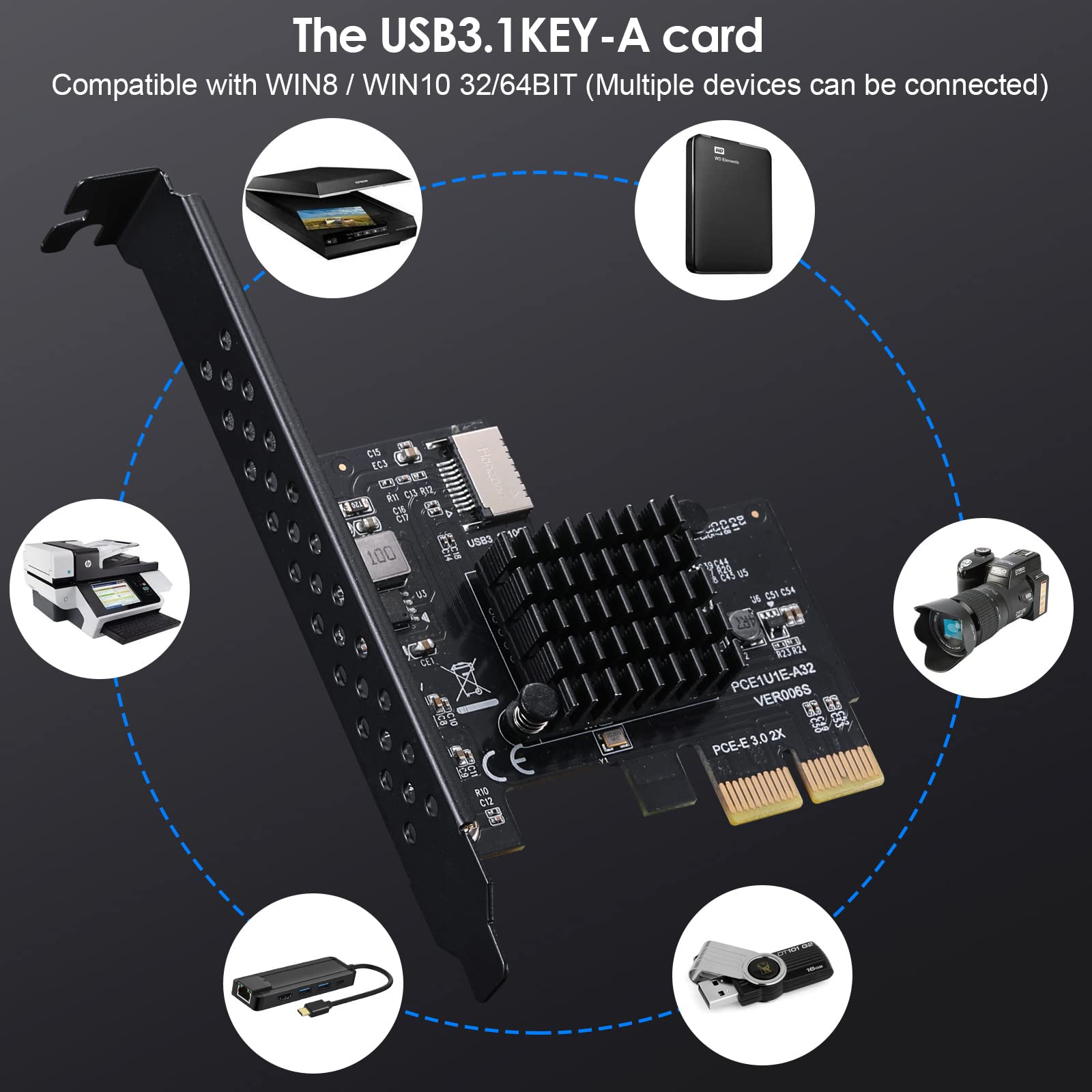 BEYIMEI PCI-E 2X to USB3.1 A-Key Gen2 Front Type-C Expansion Card,10Gbps Type-E Internal 20-pin Front Panel Connector Riser Card,PCI Express 3.0 X2 Adapter for Desktop PCs (ASM3142)