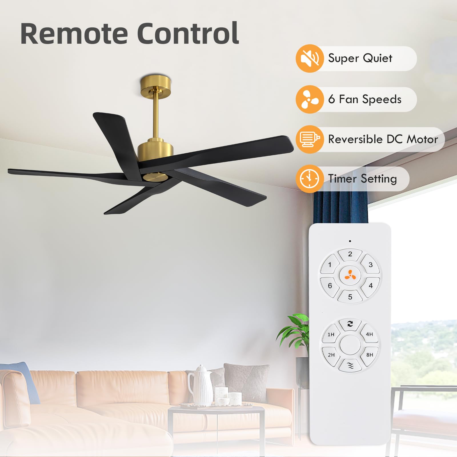 ACOZ 64" ABS DC Ceiling Fan No Light, 5 Blade ABS Plastic Ceiling Fan with Remote, 6-Speed Reversible DC Motor, Ceiling Fan without Light for Kitchen Bedroom Living Room, Brass and Matte Black
