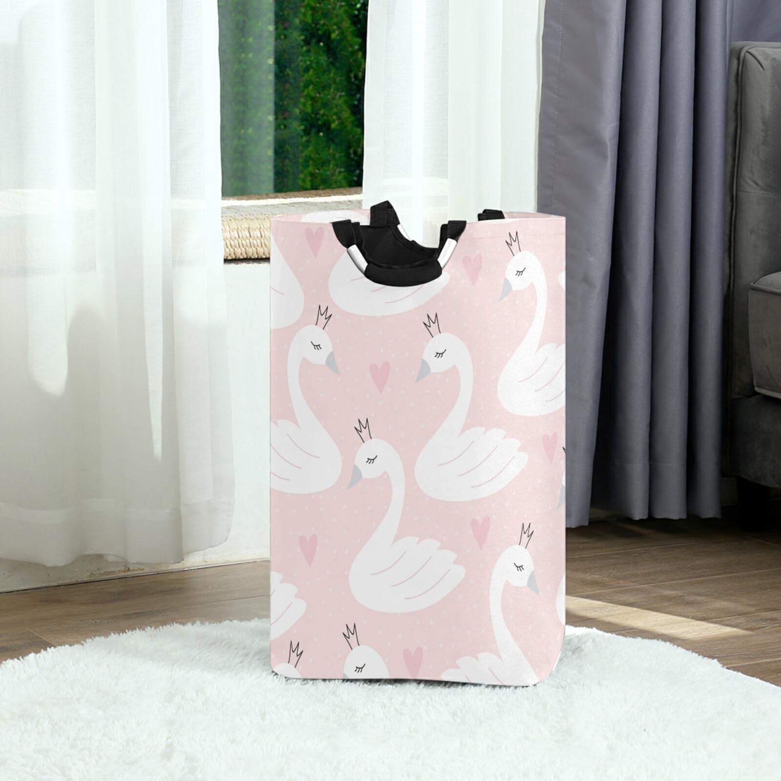AGONA Cute White Swan Princess Pink Laundry Basket with Handles Large Storage Bin Collapsible Fabric Laundry Hamper Foldable Laundry Bag for Kids Room Toy Bins Gift Baskets Bedroom Baby Nursery