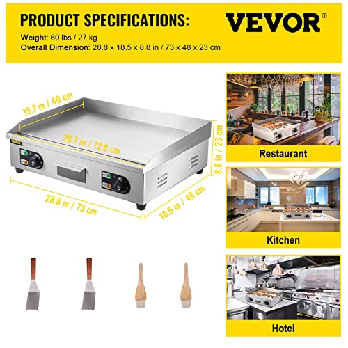 VBENLEM 29" Commercial Electric Griddle 110V 3000W Electric Countertop Griddle Non-Stick Restaurant Teppanyaki Flat Top Grill Stainless Steel Adjustable Temperature Control 122°F-572°F (NO PLUG)