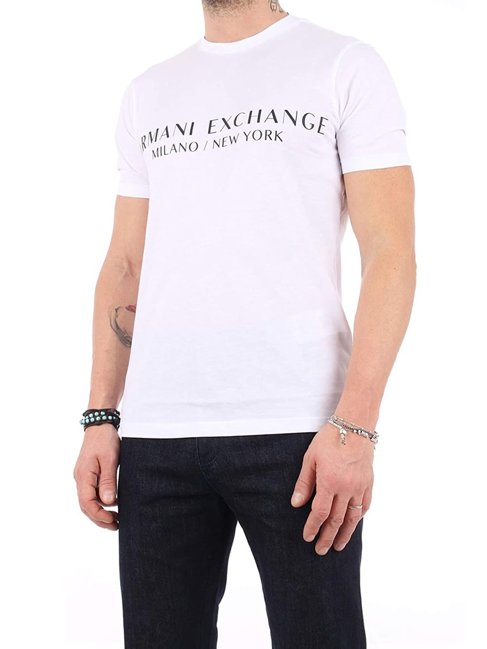 A|X ARMANI EXCHANGE Men's Short Sleeve Milan New York Logo Crew Neck T-Shirt, White, L
