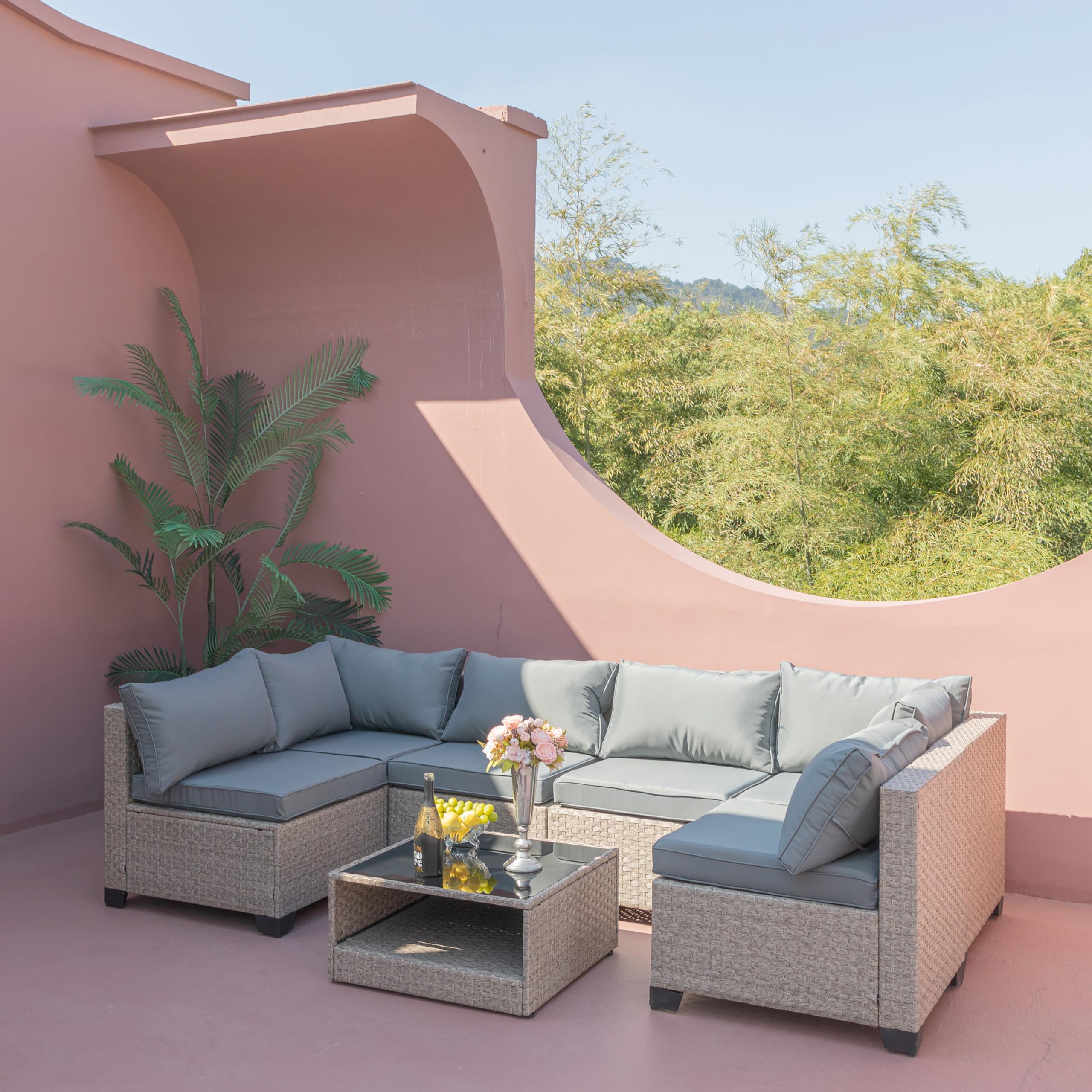 Aug-guan 7-Piece Patio Furniture Set, All-Weather Outdoor Conversation Set Sectional Sofa with Water Resistant Grey Thick Cushions and Coffee Table(Grey)
