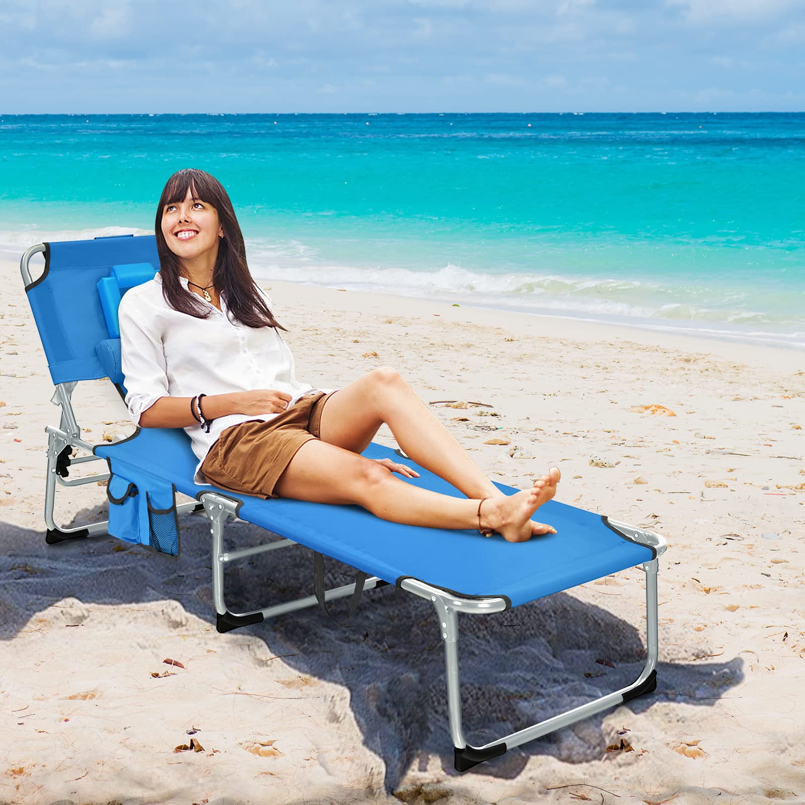 Tangkula Beach Chaise Lounge Chair with Hole for Face, Patio Folding Adjustable Reclining Beach Sunbathing Chair with Side Pocket, Portable Face Down Tanning Chair for Outdoor Backyard Poolside (2)
