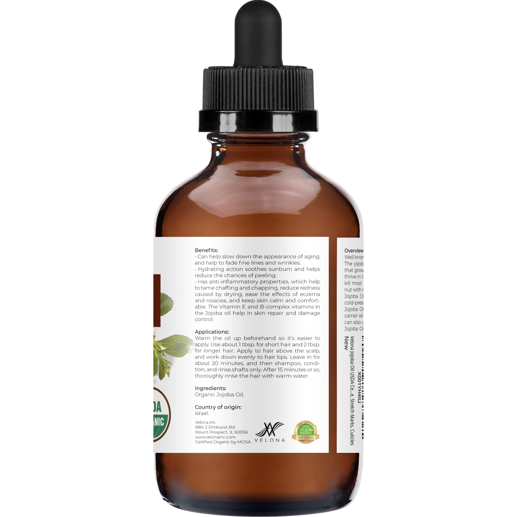 velona Jojoba Oil USDA Certified Organic - 4 fl oz (With Dropper) | Golden, Unrefined, Cold Pressed | Hexane Free