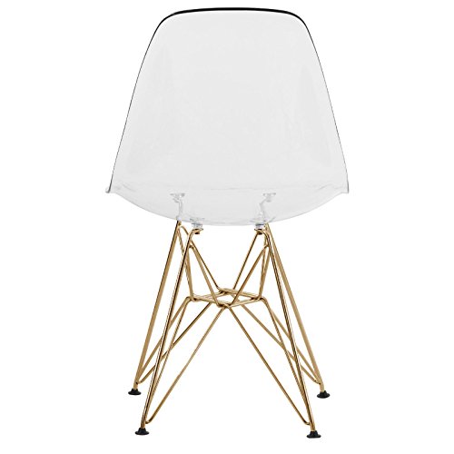 LeisureMod Carey Modern Eiffel Base Molded Side Dining Chair with Gold Base, Set of 2 (Clear)