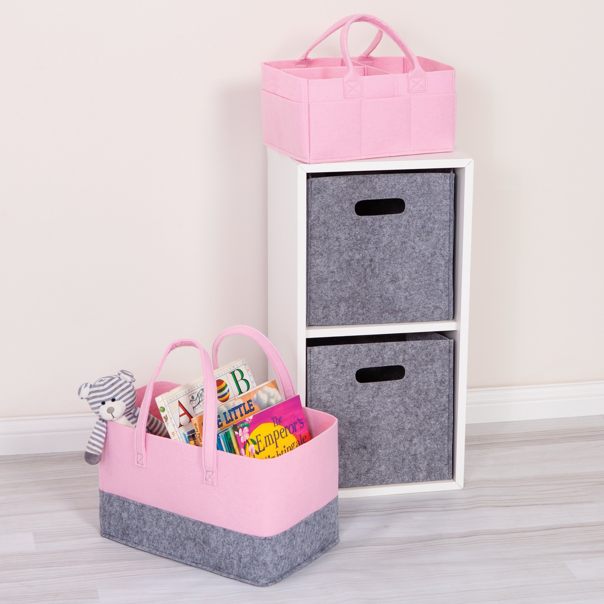 Sammy & Lou Diaper Caddy Organizer - Collapsible Tote Bag with Handles - Organizer for Diapers, Wipes & Baby Changing Supplies - Felt Storage Organizing Bin for Car, Desk, Nursery (Pink)