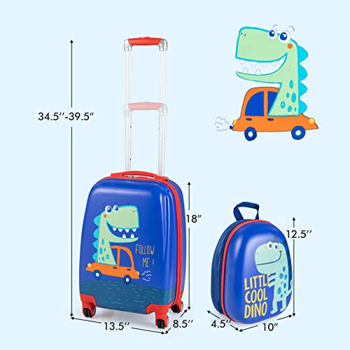 Olakids Kids Luggage Set, 12ββ Travel Backpack and 18ββ Carry on Suitcase with Rolling Spinner Wheels for Children Boys Girls, 2 Pcs Trolley Case Gift for Toddlers (Blue Dinosaur)