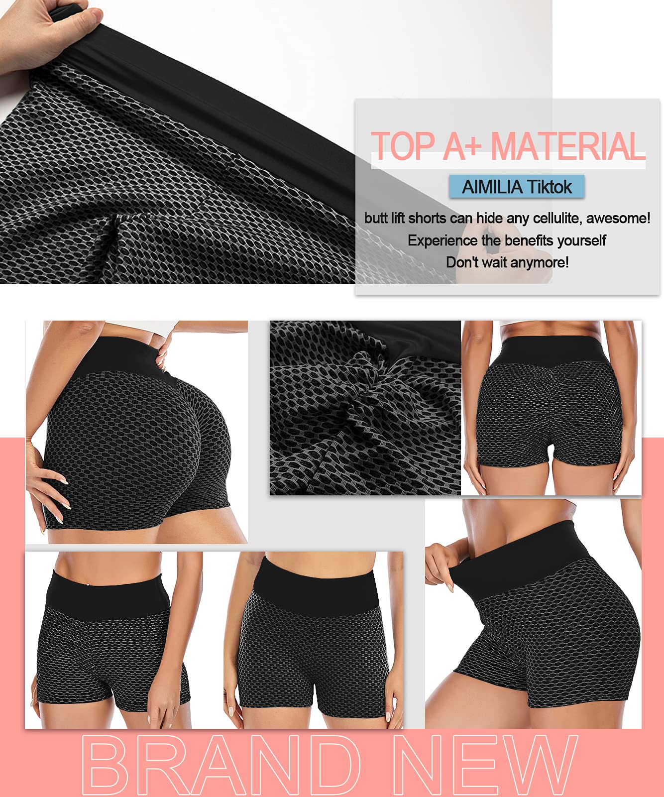 AIMILIA Women Tiktok Booty Shorts Butt Lifting High Waist Tummy Control Workout Running Gym Textured Ruched Shorts Black