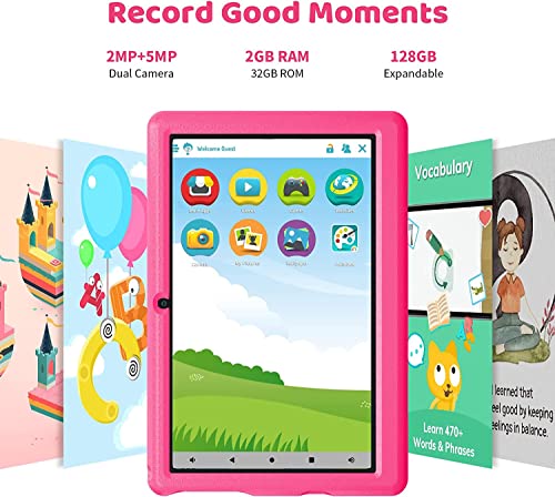 HiGrace Kids Tablet 10 inch - Android 12 Quad core Tablet for Kids (Ages 3-12), 5000mAh, 32GB ROM, Dual Camera, WiFi, Parental Control, Kid-Proof Case-Pink