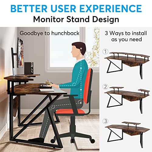 LITTLE TREE 70.9" Large Computer Desk Home Office Desk Wing-Shaped Gaming Studio Desk, Rustic Brown