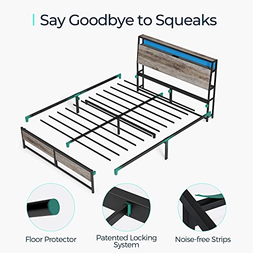 LINSY LIVING Queen Bed Frame with Headboard, Platform Metal Bed Frame with Lights, Outlets & Charger, 45 Minutes Fast Assembly Bed Queen Size with Storage, No Box Spring Needed, Greige
