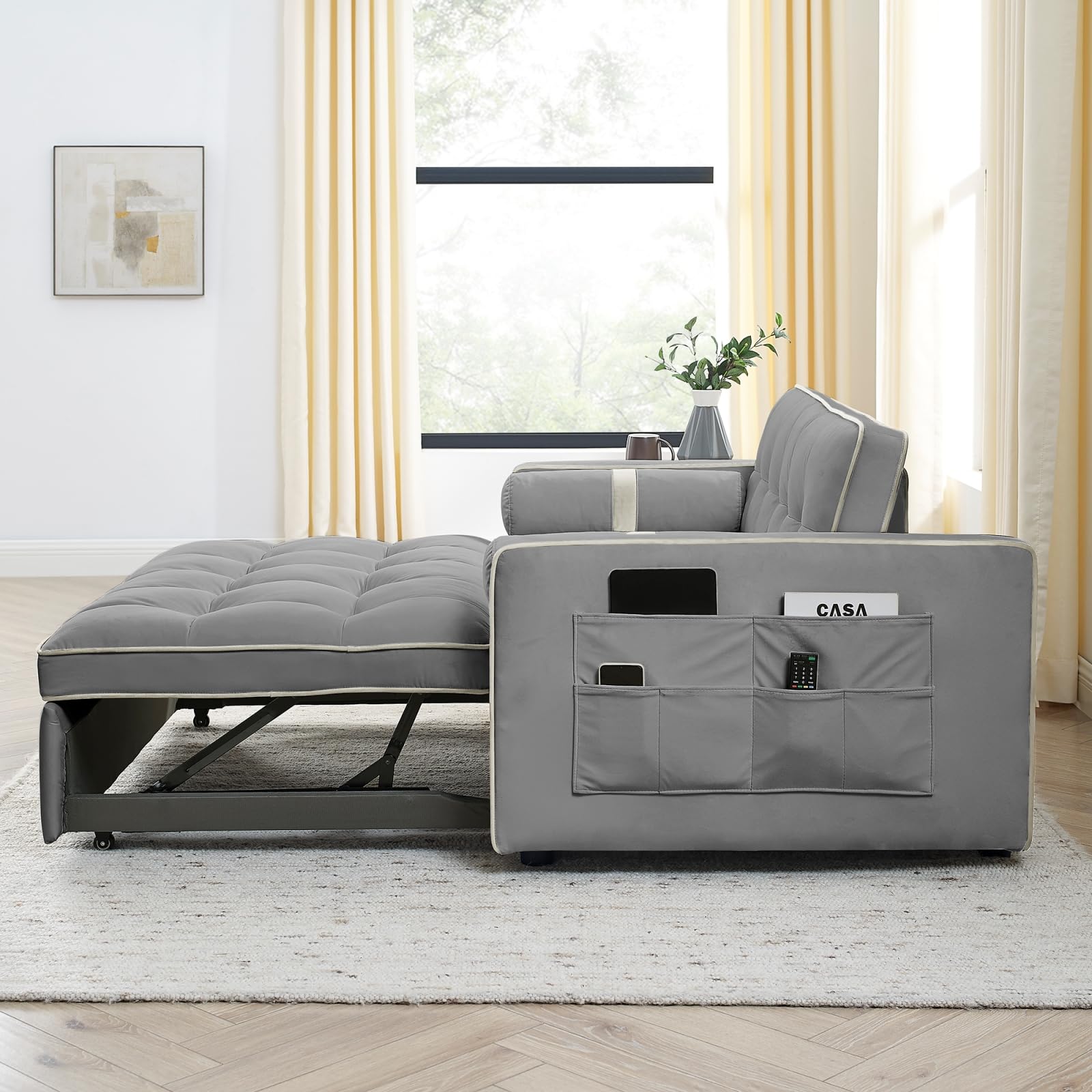 AUGOP 3 in 1 Convertible Sleeper Couch Bed,Modern Pullout Couch Pull Out Bed,Adjustable Backrest,Two Cylindrical Pillows,Multi-Pockets,Loveseat Futon Sofa for Living Room Furniture (Grey, Style A)