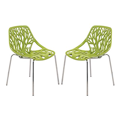LeisureMod Modern Asbury Dining Chair with Chromed Leg, Set of 2, Green