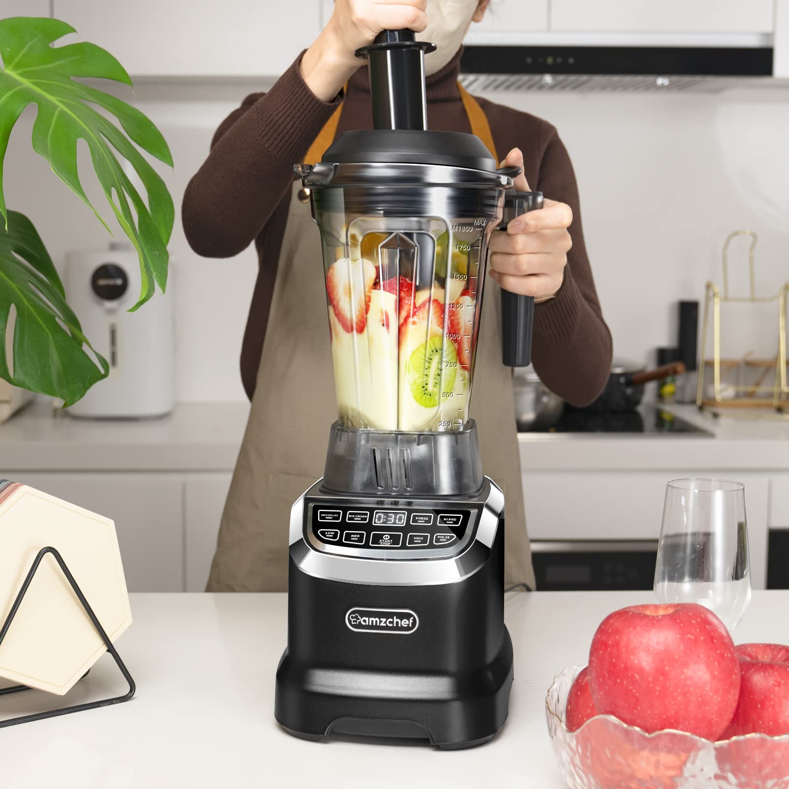 Amzchef 5-IN-1 Professional Blender for Kitchen, 1800 Peak Watts, 5 Functions for Shakes and Smoothies, Puree, Crush Ice & Hearty Soups with 8 Speeds & Pulse, 63 oz. Pitcher, Grey