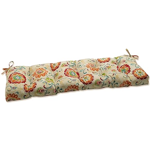 Pillow Perfect Bright Floral Indoor/Outdoor Sofa Setee Bench Swing Cushion with Ties Tufted, Weather, and Fade Resistant, 18" x 56", Tan Fanfare