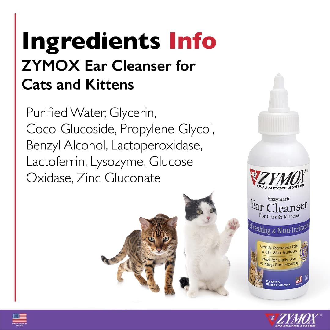 Zymox Enzymatic Ear Cleanser for Cats & Kittens, 4 oz. β Cleans & Refreshes Ear Canal for Relief from Ear Wax & Dirt Buildup