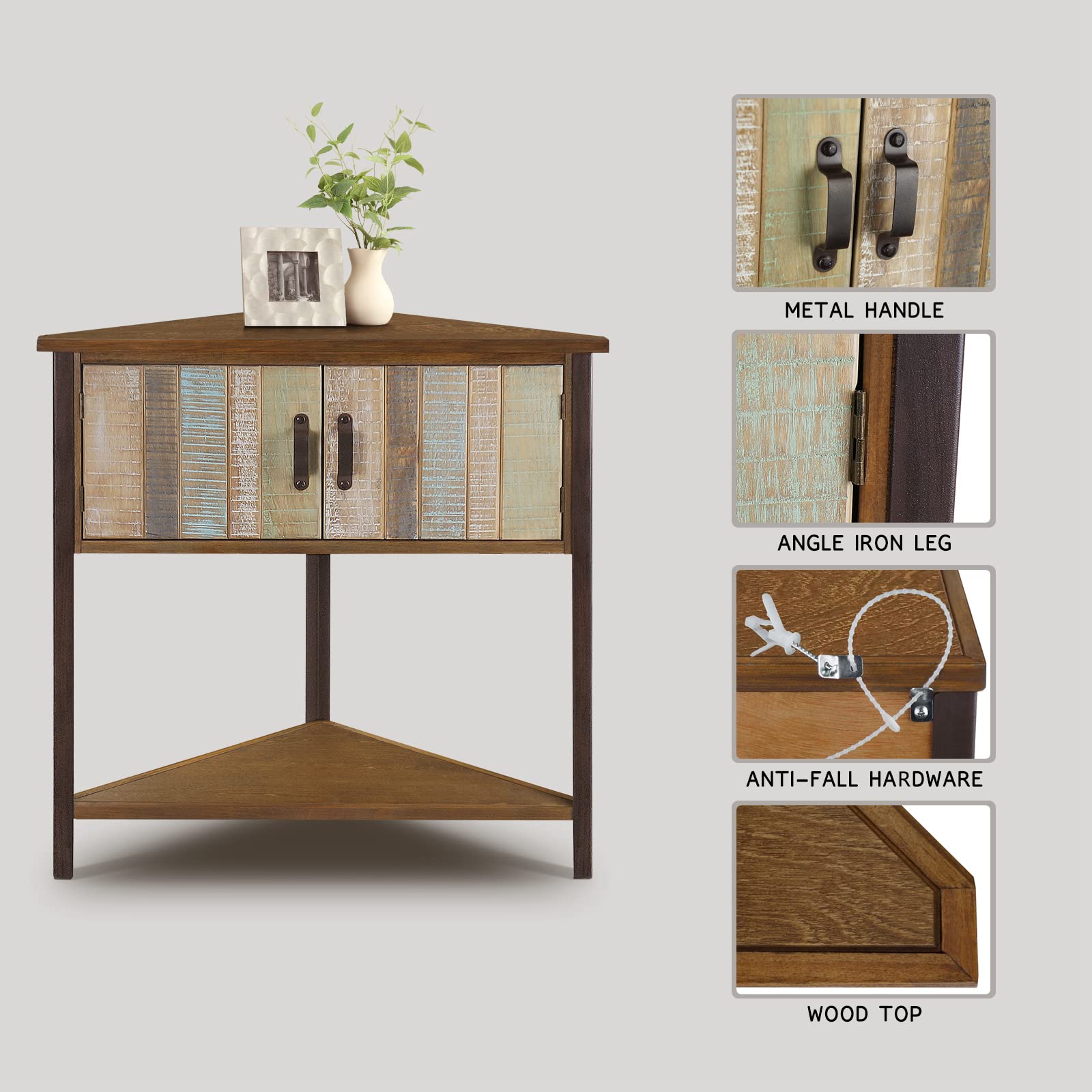 Giofanzo Corner Tables for Living Room, Small Corner Table with Storage Cabinet Table Corner Bar Accent Cabinet with Solid Wood and Metal Frame, Hand-Made Unique Corner Table(Natural Blue)