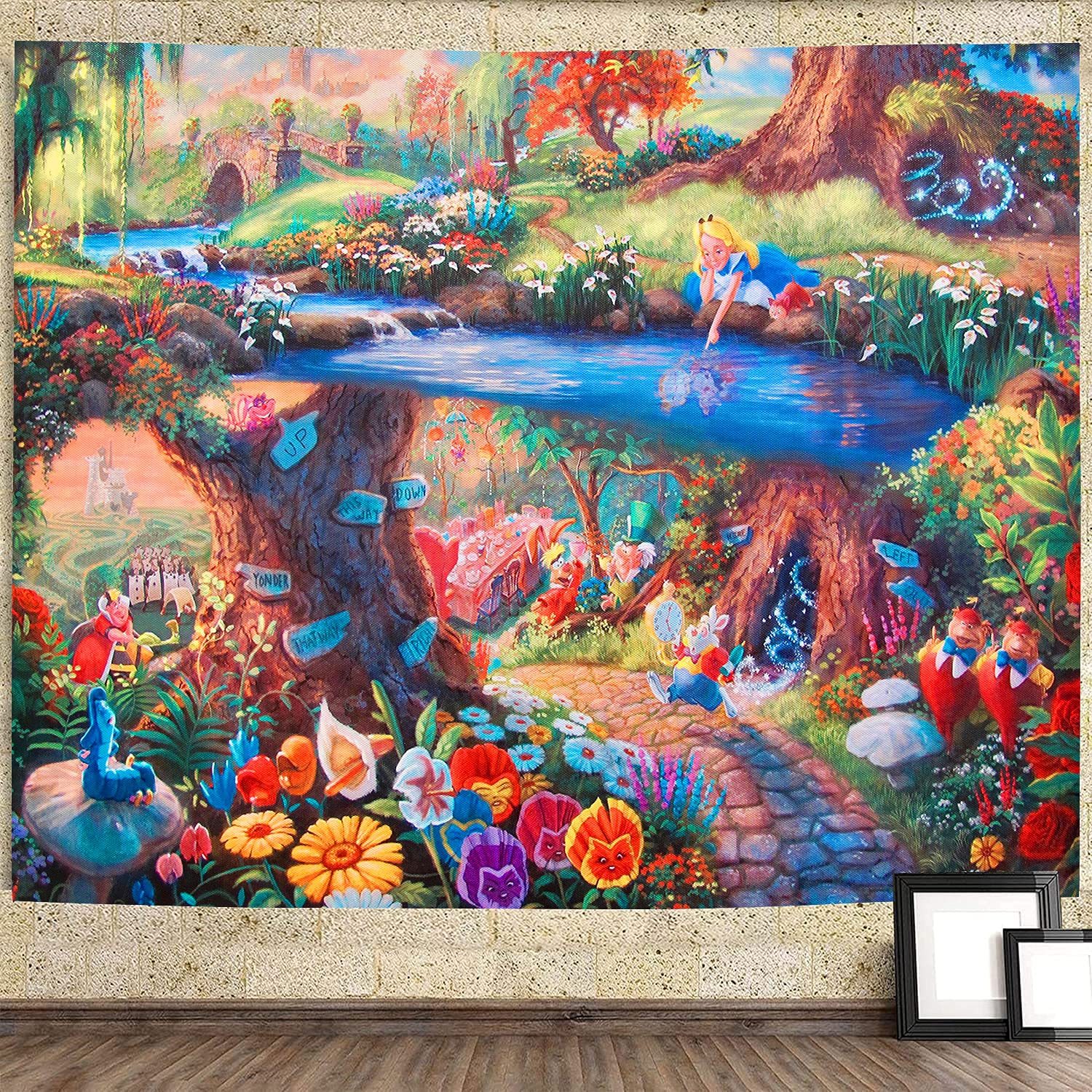 DBLLF Fairytale Forest Tapestry Wonderland Tapestry 100x90 Giant Tapestry Rabbit Motion Cups Hearts and Flower Character Cartoon Style Wide Wall Hanging for Home Decor GTLSDB72