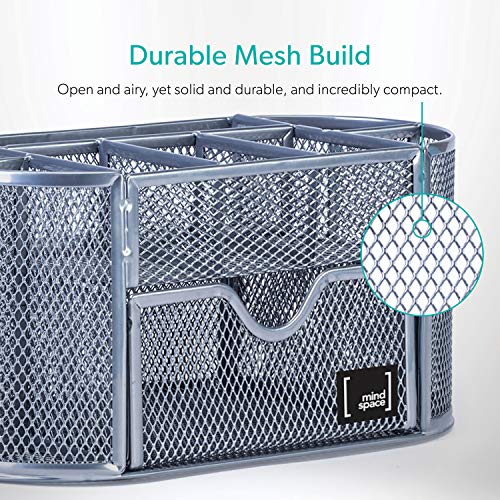 Mindspace Office Desk Organizer with 8 Compartments + Drawer | Desk Caddy Pen Holder For Office Accessories | The Mesh Collection, Silver