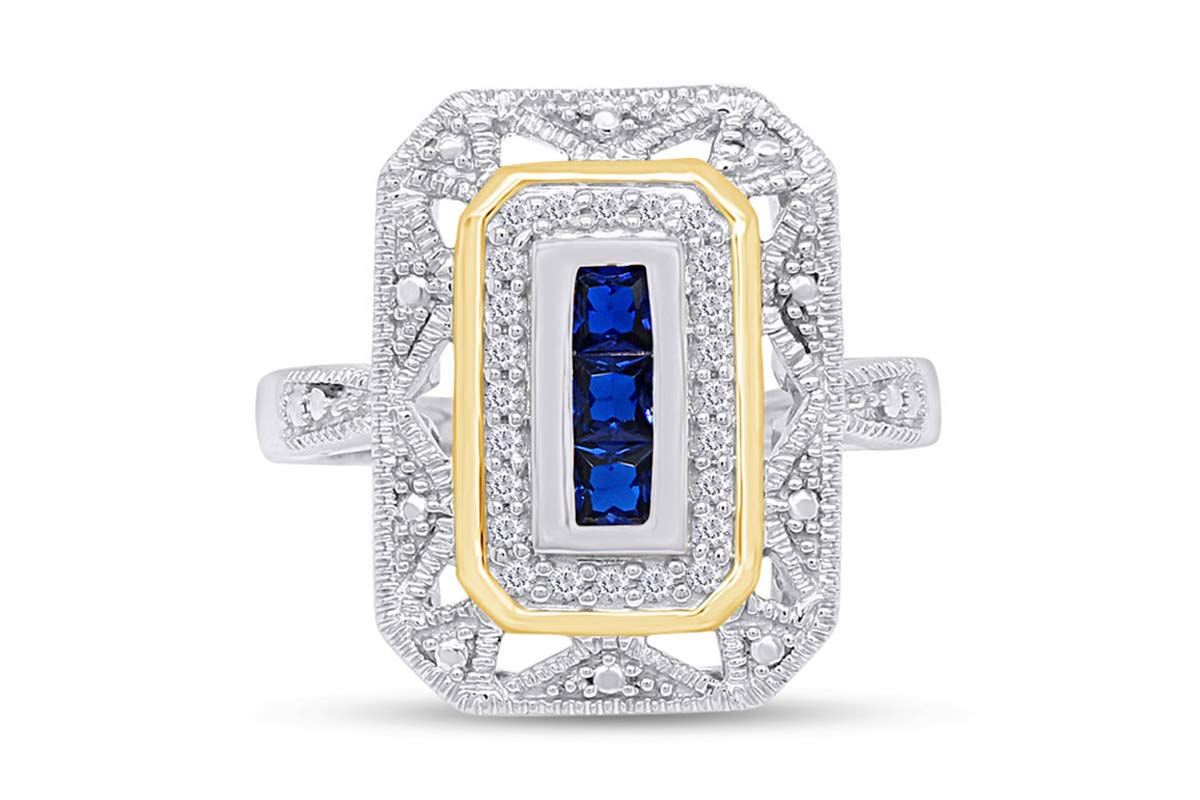 AFFY Princess Cut Simulated Blue Sapphire And White Cubic Zirconia In 14k White Gold Plated 925 Sterling Silver Two-Tone Art-Deco Style Ring Size:- 7