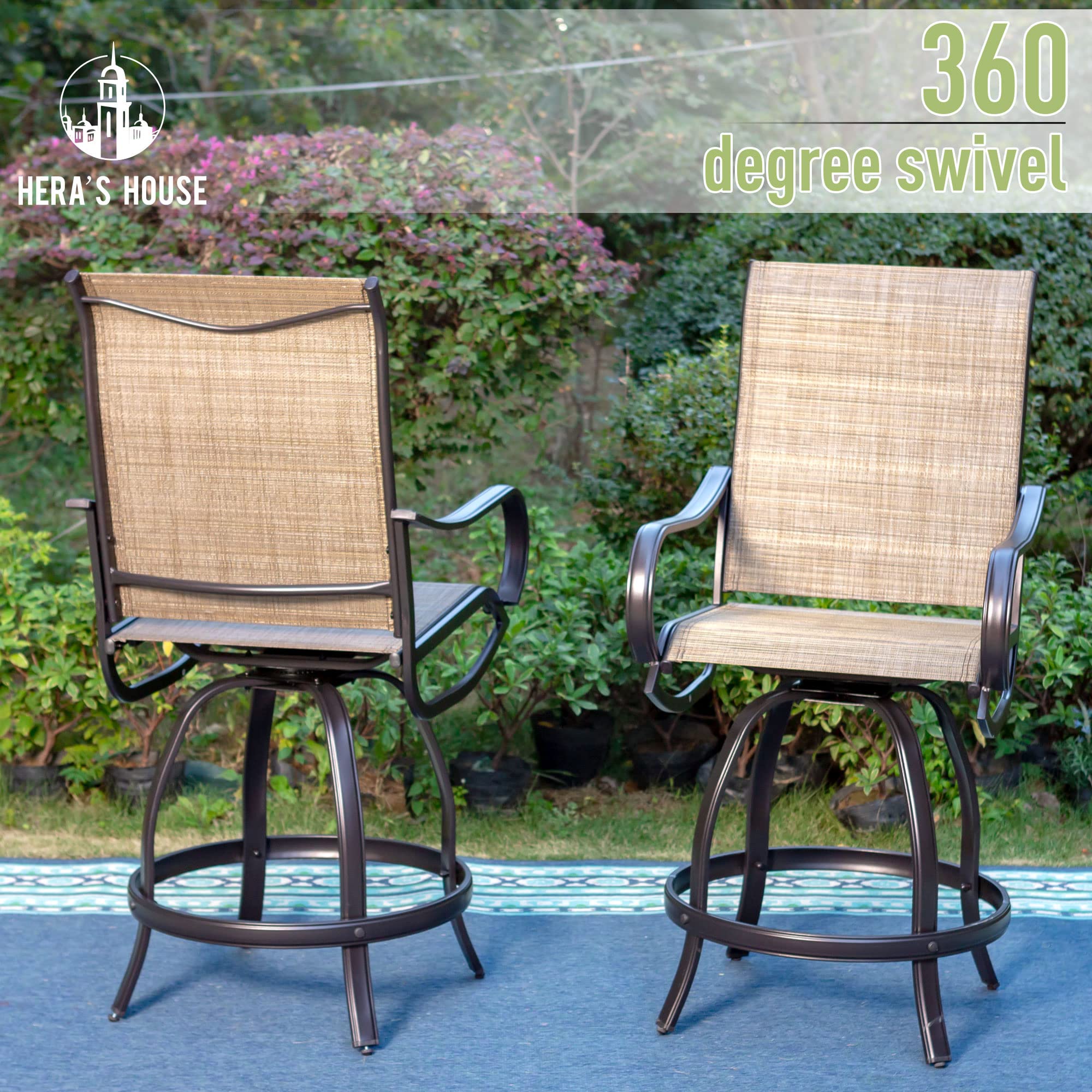 HERA'S HOUSE Outdoor Swivel Bar Stools, Counter Bar Height Patio Bar Stool Chairs with Solid Back & Armrest, All Weather Textilene Sling Fabric Chair for Deck Lawn Garden