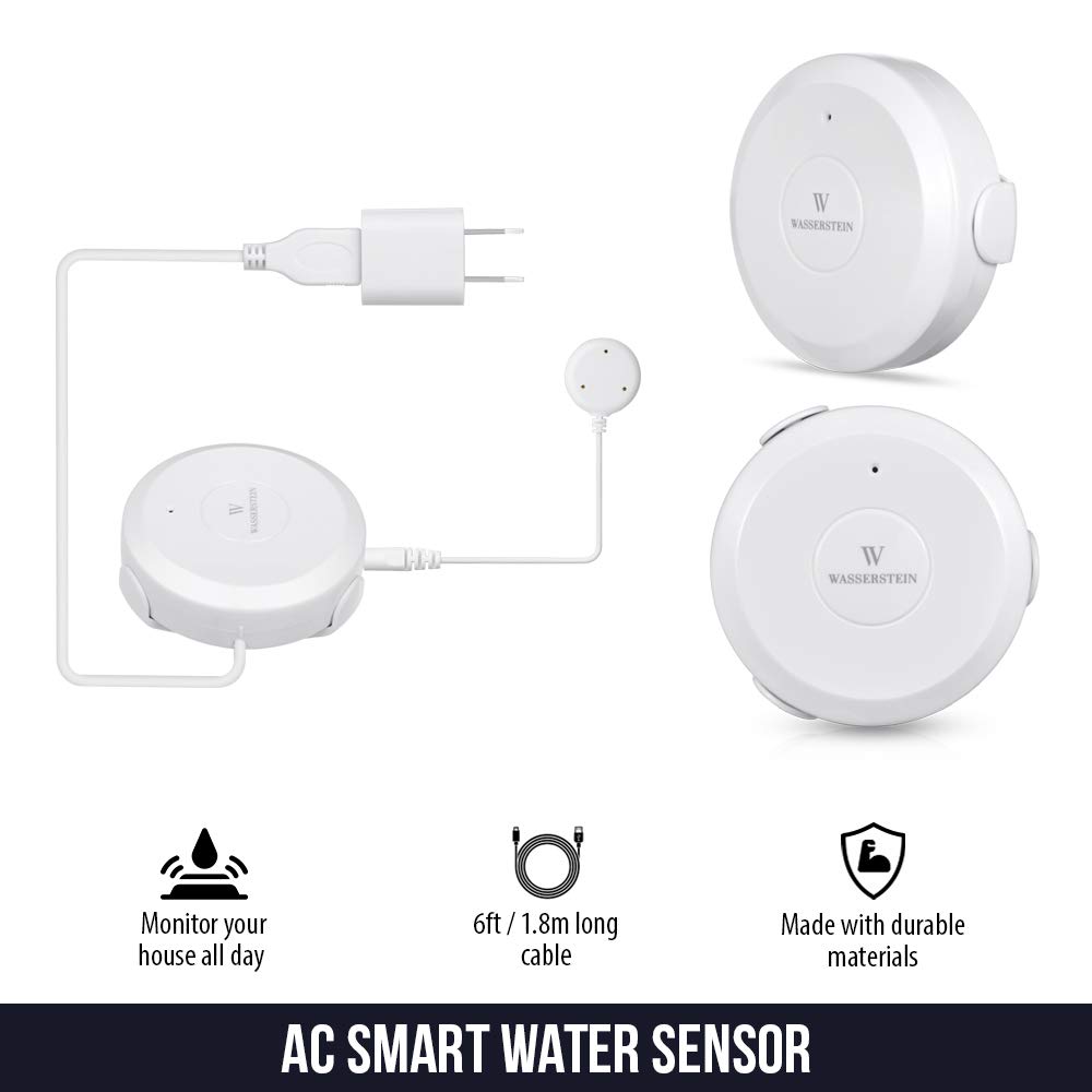 AC Powered Smart Wi-Fi Water Sensor, Flood and Leak Detector with 6ft/1.8m Cable– Alarm and App Notification Alerts, No Expensive Hub Required, Simple Plug & Play by Wasserstein (2 Pack)