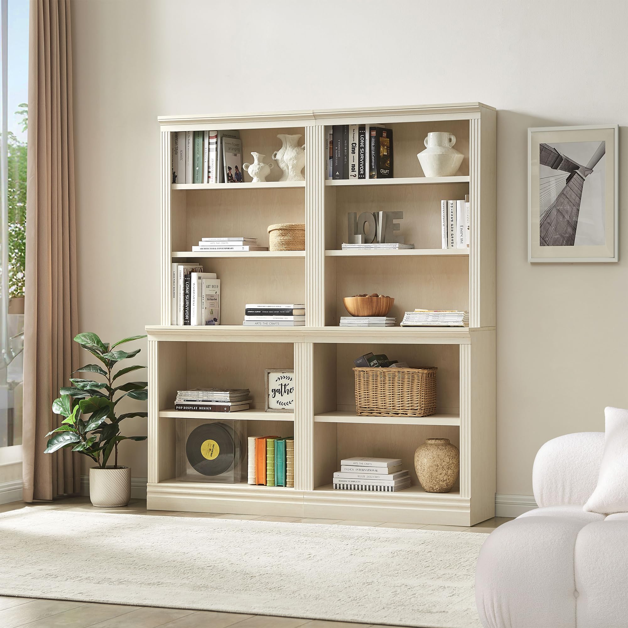 JAHRSTIM Multi-Depth Bookshelves and Bookcase Floor Standing 5 Tier Display Shelves Organizer and Storage, 72in Tall Bookshelf for Home Office, Living Room, Bed Room, Kitchen, Cream