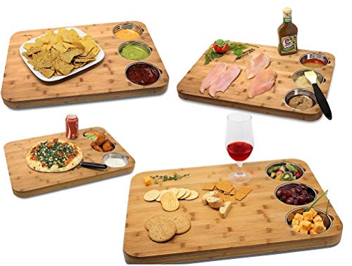 Versachop Trio, Extra Large 22 X 16 inch Cutting Boards for Kitchen, Butcher Block - Totally Natural Organic Moso Bamboo board with three Stainless Steel Bowls attached for easy chopping