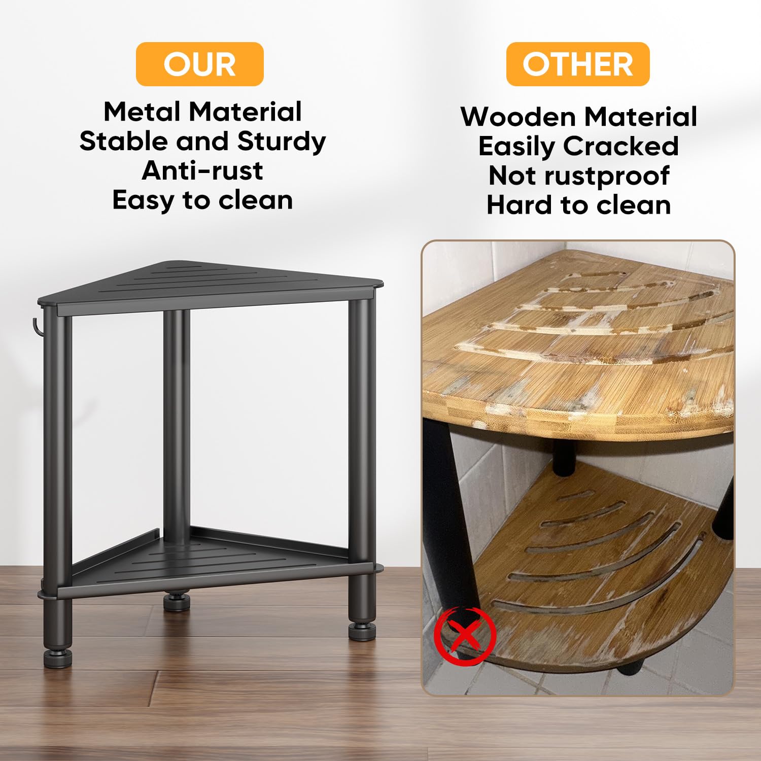 XJJX Metal Corner Shower Stool for Shaving Legs,Shower Bench for Inside Shower,Corner Shower Bench with Storage Shelf,Shower Foot Rest Bench Suitable for Small Shower Spaces