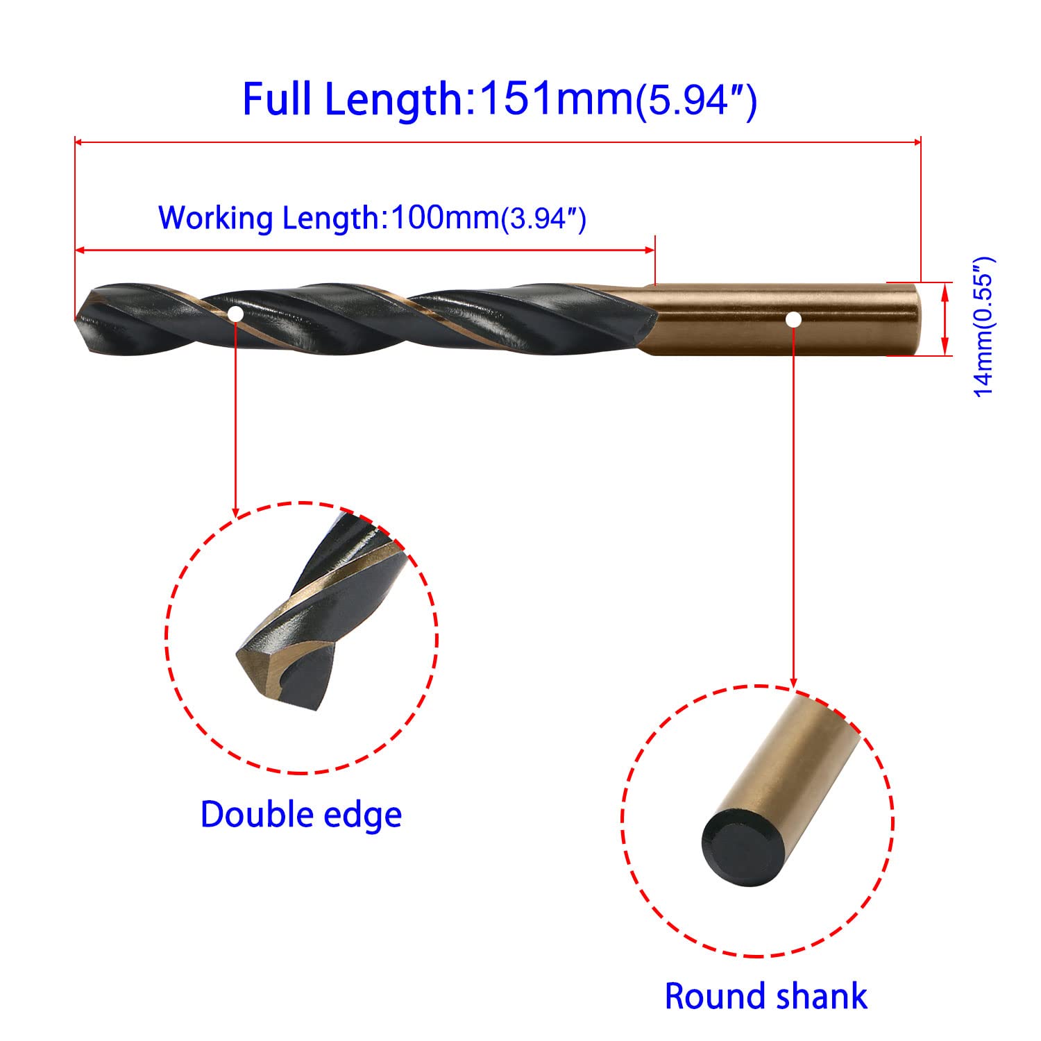 Aopin 2pcs HSS 9/16" Inch (14mm) Metric Gold Cobalt Titanium High Speed Steel Twist Drill Bit,Suitable for Cast Iron,Stainless Steel,Copper, Wood,Plastic,Other Material Products