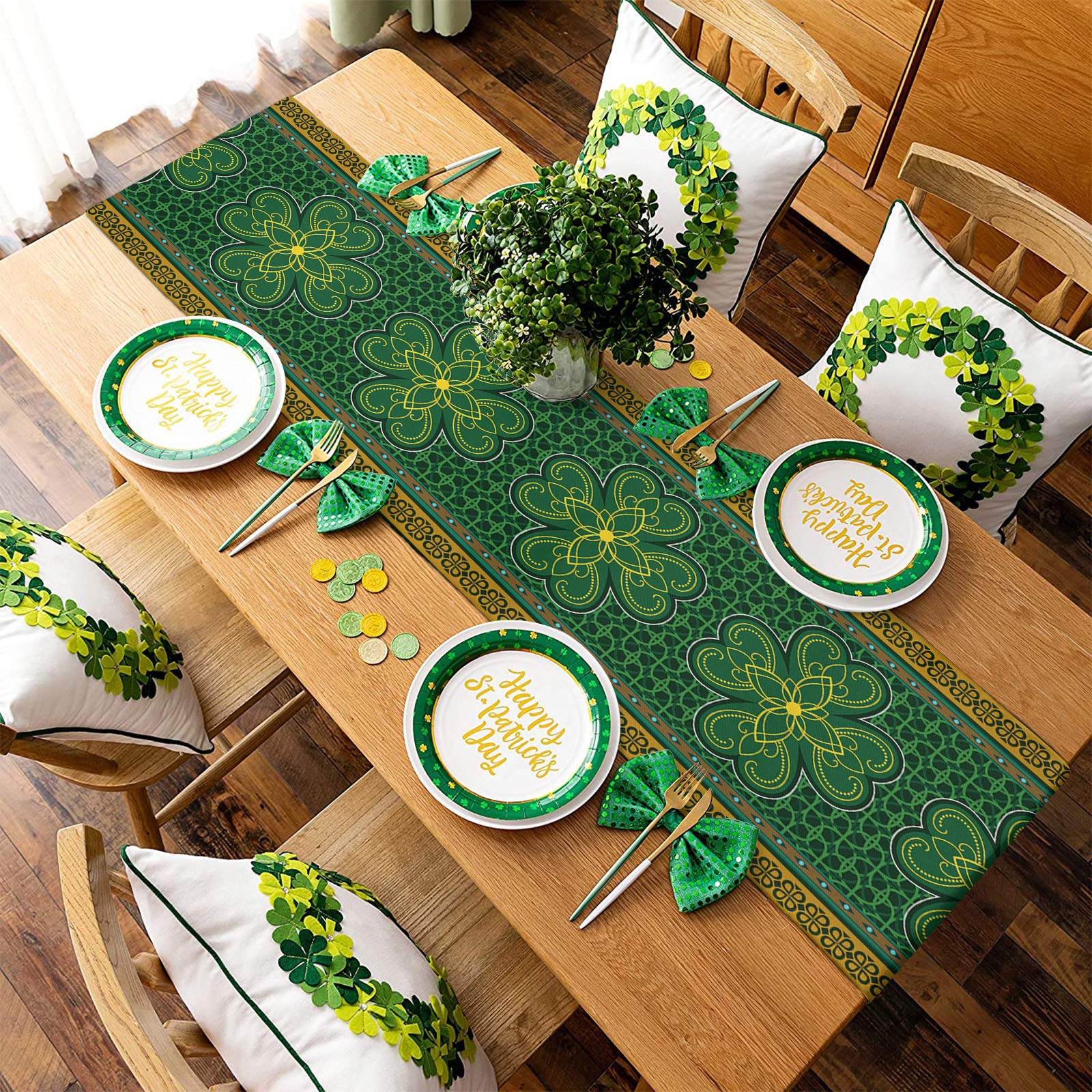 WAZZIT St. Patrick's Day Cotton Table Runner Decorative - Holiday Table Setting Decor Single Layer 13x70inch Traditional Shamrock Irish Decor Retro Geometric