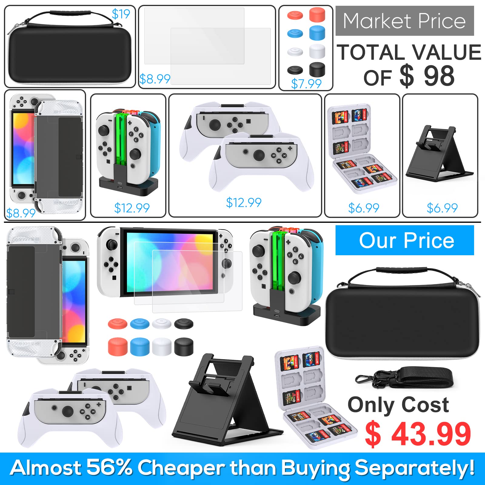 Accessories Bundle Compatible with Nintendo Switch OLED Model, Switch Carrying Bag with Charging Dock, PlayStand, Clear Case Cover, Screen Protector, Thumb Grips Caps, Game Card Case, Steering Wheels