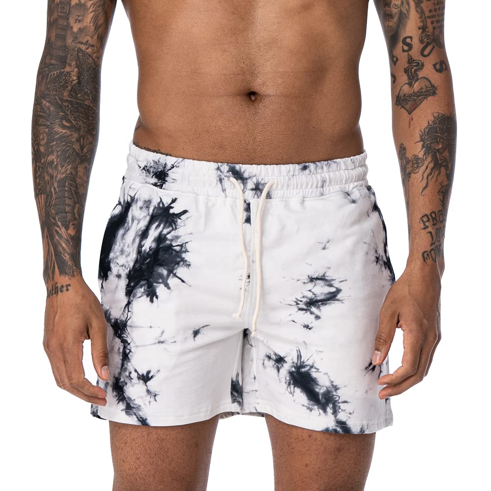 AIMPACT Men's Tie Dye Shorts Bodybuilding Workout Cotton Gym Shorts with Pockets(PinkWhiteS)