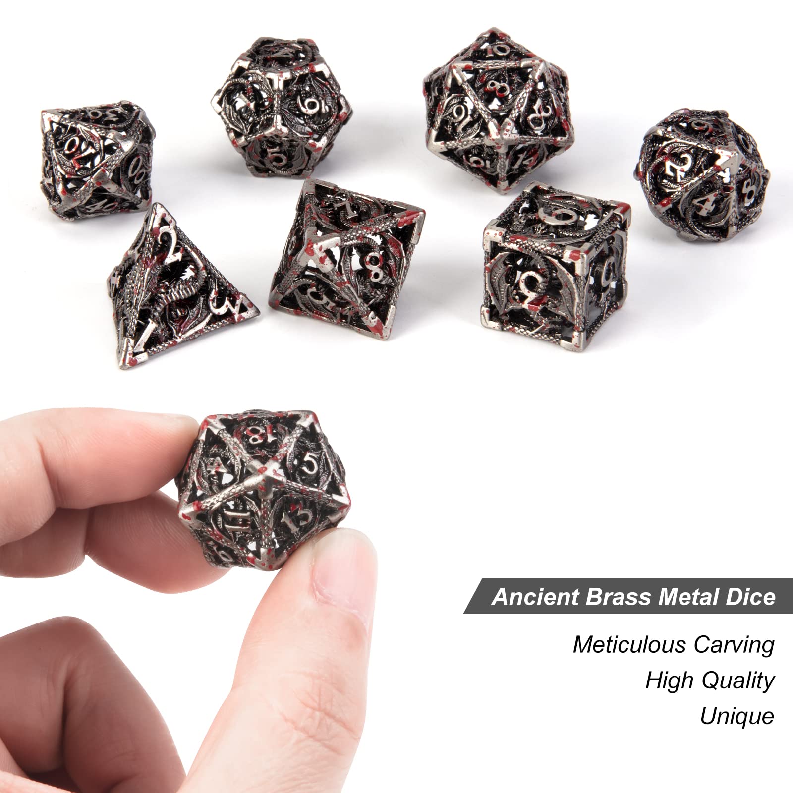 DND Dice,Hollow D&D Metal Dice,Dungeons and Dragons Dice Set with Gift Box,7 PCs Steampunk Polyhedral Dice Games Set for RPG,MTG,Pathfinder,(Dragon Blood Spattered)