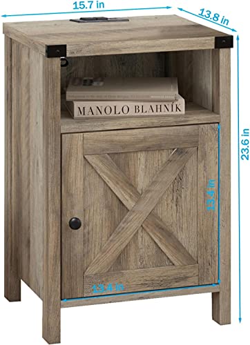 Farmhouse Nightstand Set of 2 with Charging Station,Industrial Bedside Table with Storage Living Room Bedroom Side Table End Table with Barn Door,Grey