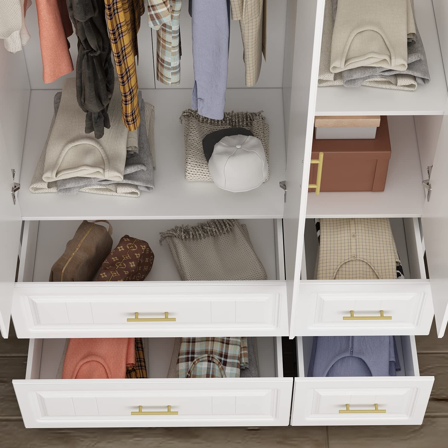 AIEGLE 3 Doors Wardrobe Armoire with 4 Drawers, 47.2" Wide Large Freestanding Armoire Wardrobe Closet with Shelves, Hanging Rod & Top Storage Cabinet, Bedroom Clothes Organizer Set, White