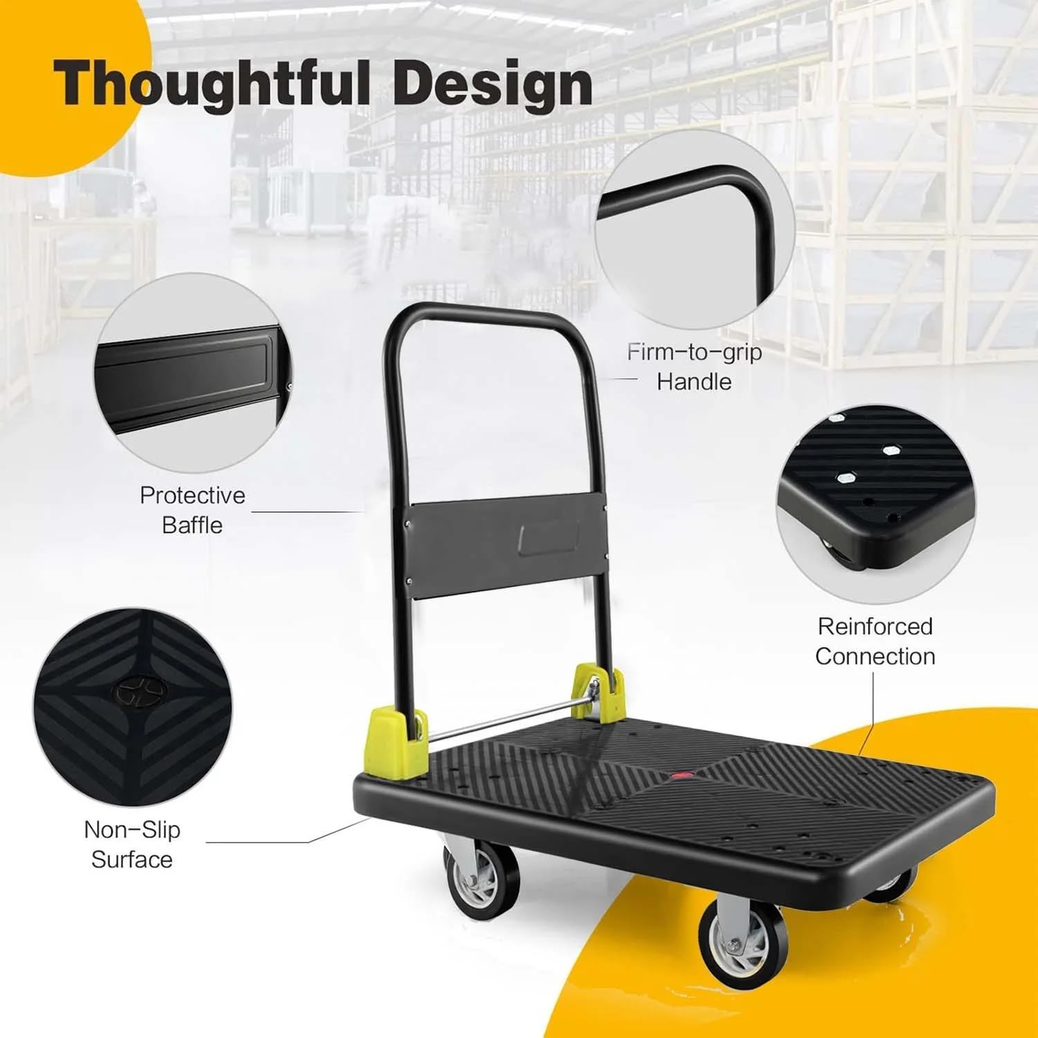 Auroglint-660 lbs. Capacity Platform Cart Heavy-Duty Dolly Folding Foldable Moving Warehouse Push Hand Truck in Black
