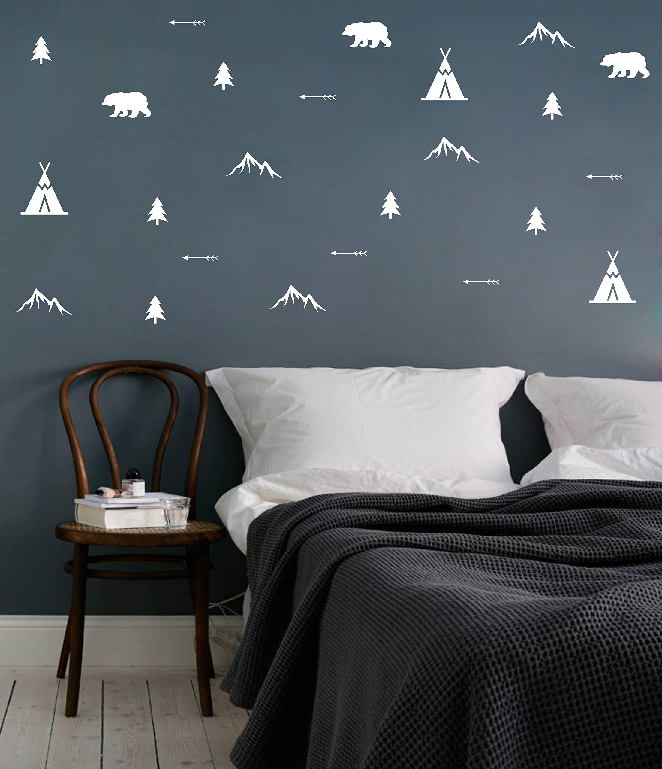 Set of Woodland Bears, Arrows, Teepees, Trees and Mountains Wall Decals, Vinyl Stickers for Bedroom, Living Room, School, Nursery Wall Decals A41 (White)