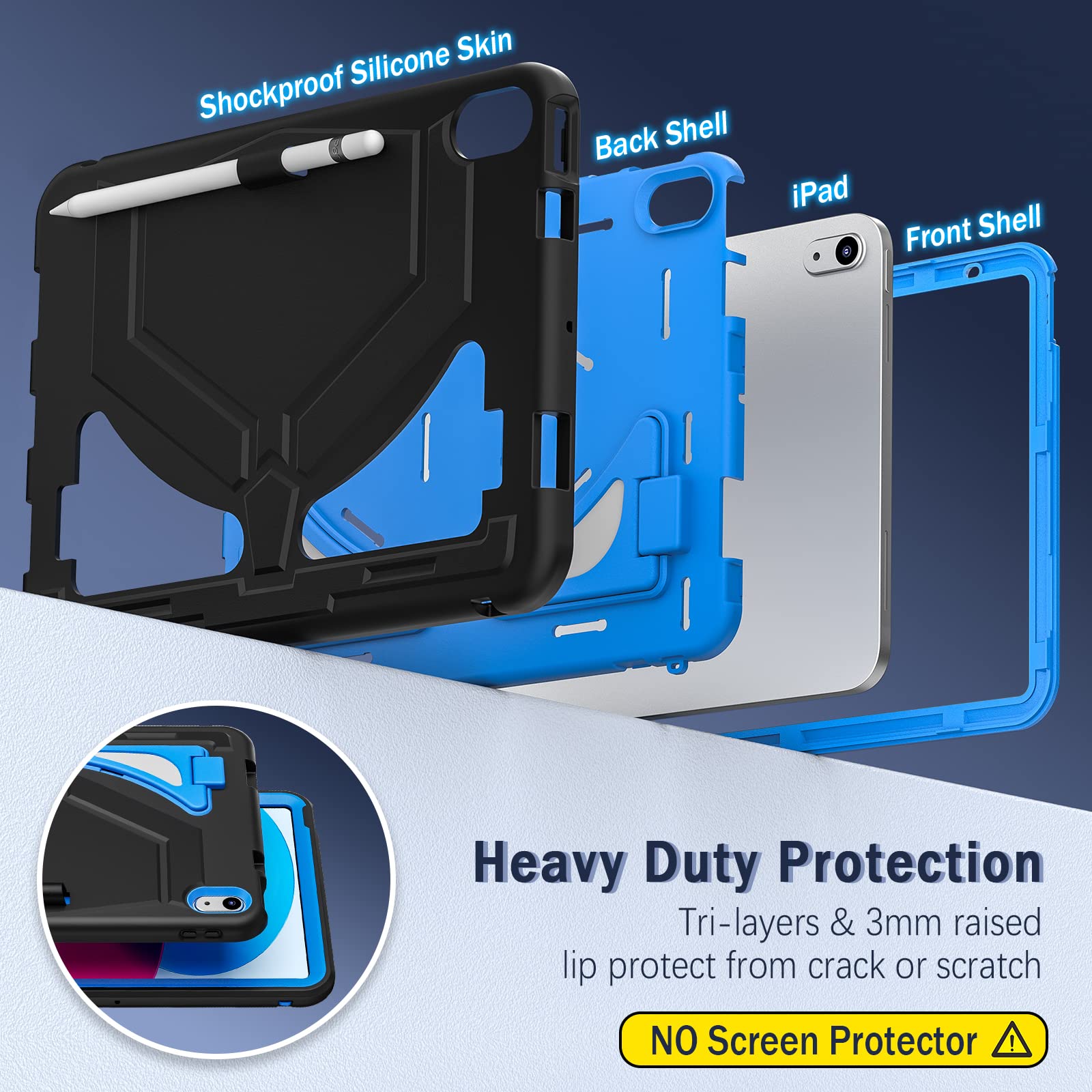 Auizotl 10th Generation Case, Kids Friendly Case 10th Generation with Pencil Holder Shoulder Strap Kickstand, Heavy Duty Shockproof 10th Gen Case 10.9 Inch for Kids 2022, Black Blue