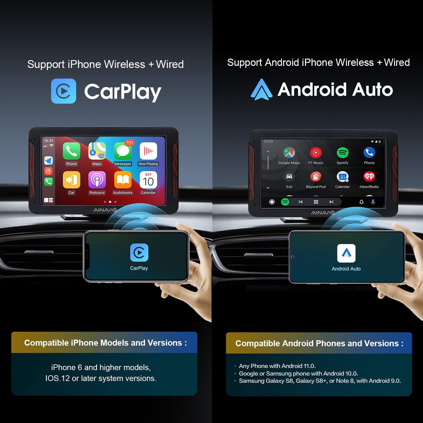 AINAVIGO Portable Car Radio with Apple Carplay & Android Auto, Wireless Car Play 7'' Touch Screen Car Stereo with Bluetooth and Backup Camera, GPS Navigation, Mirror Link, FM, Carplay Screen for Car