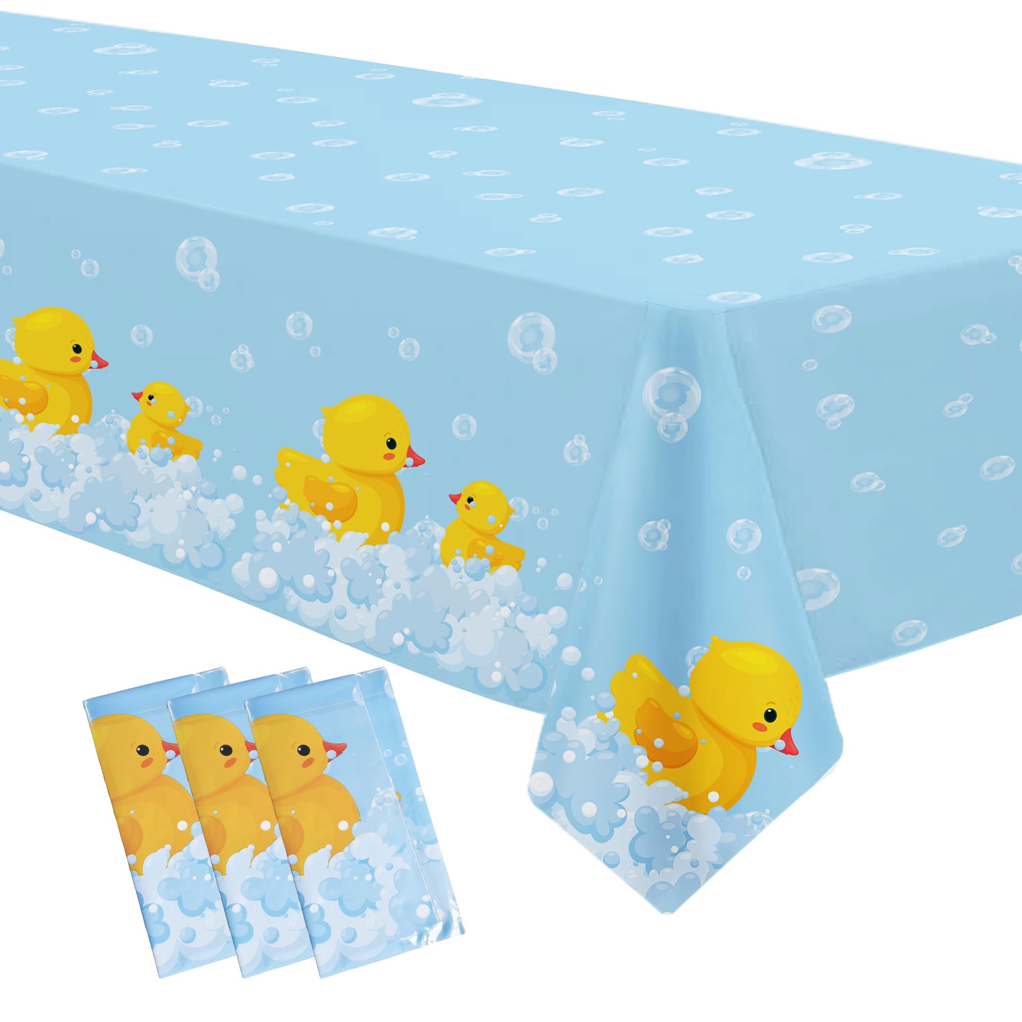 APOWBLS Rubber Duck Party Decorations Tablecloth - Disposable Duck Party Supplies Table Cover, Bubble Bath Rubber Duck Theme Table Cloth for Birthday Baby Shower - 3 Pack (54in x 108in)