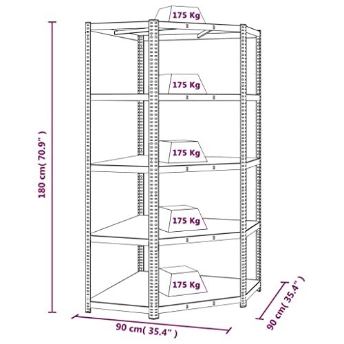 vidaXL 5-Layer Heavy-Duty Corner Shelf Home Indoor Warehouse Workshop Storage Shelf Industrial Shelving Rack Unit Gray Steel and Engineered Wood